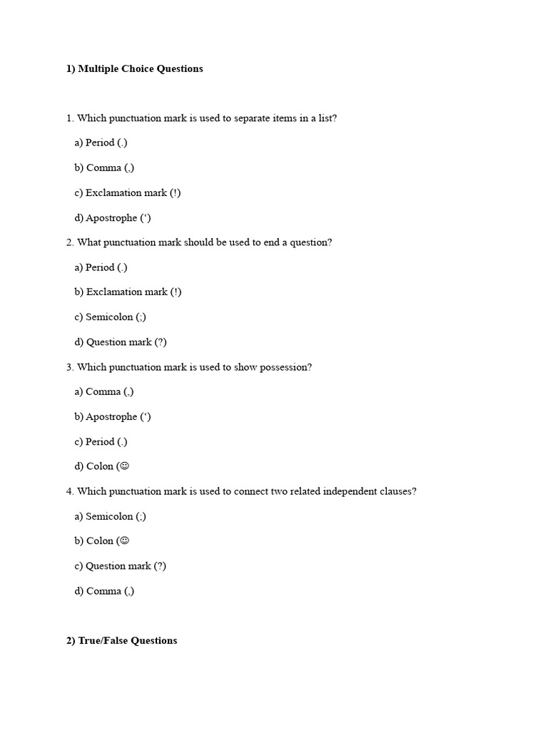 Punctuation Marks Quiz and Exercises | PDF