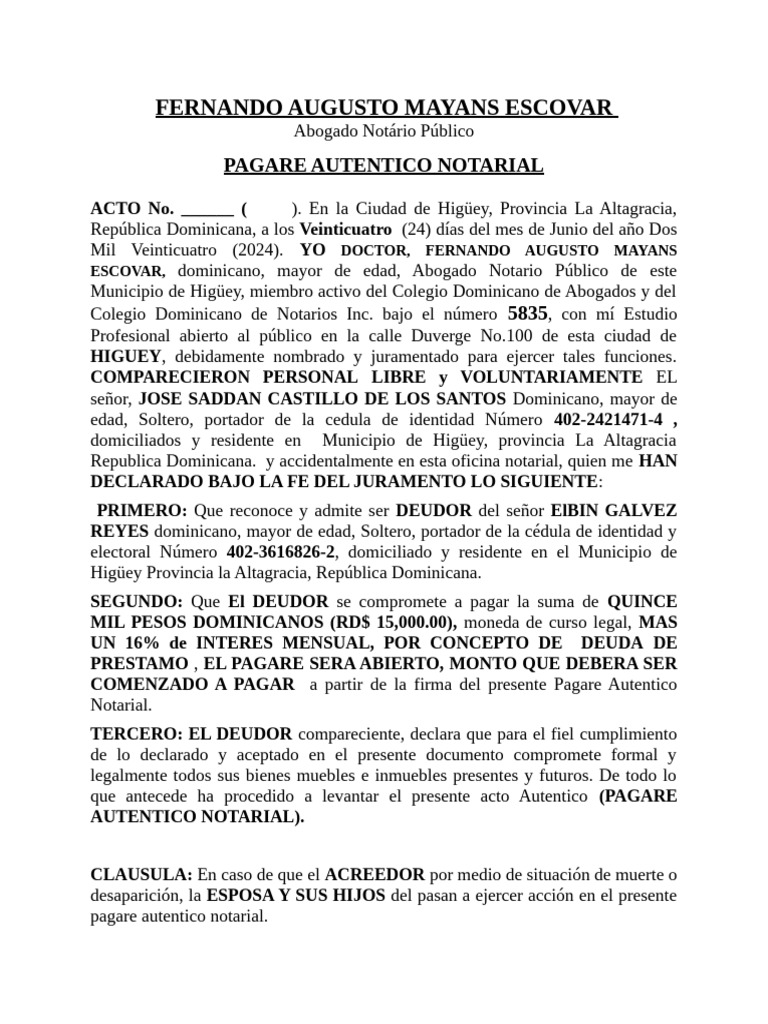 Modelo Pagare Abierto Autentico Notarial Elbin Gálvez | PDF | República ...
