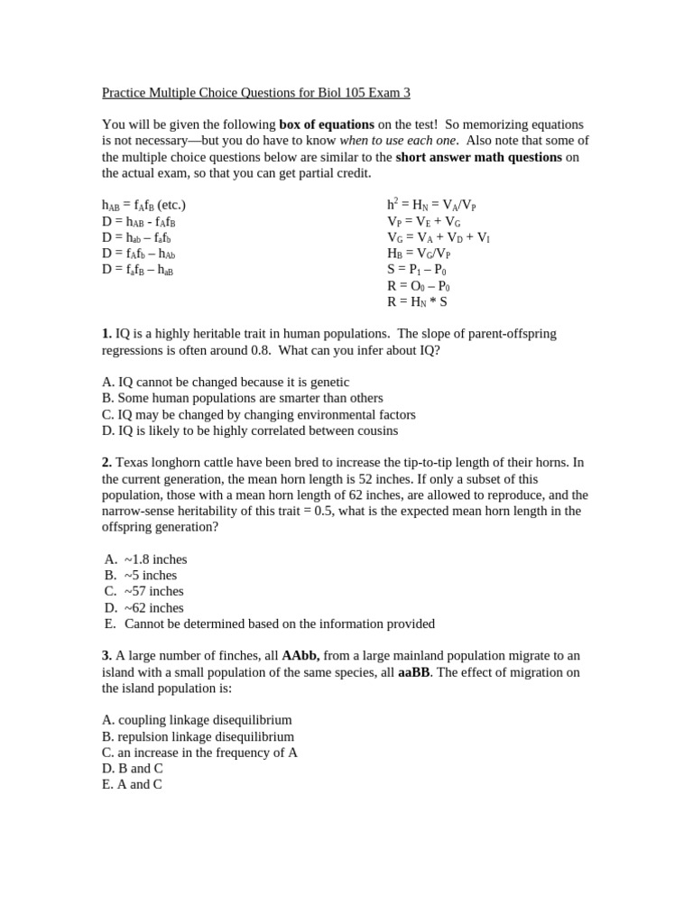 More Practice Multiple Choice Questions For Biol 105 Exam 2 - S24 | PDF | Genetic Linkage ...