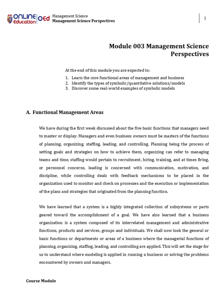 W3 Chapter 3 - Management Science Perspectives - Module | PDF | Marketing | Mathematical Model