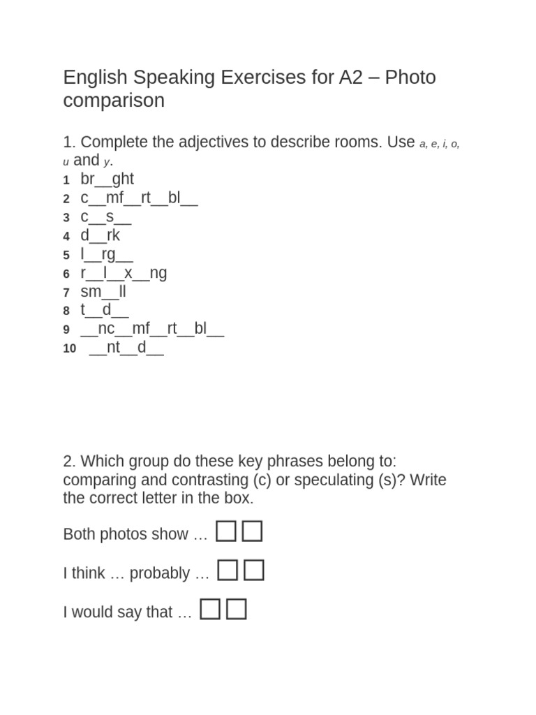 A2 Speaking Exercises: Photo Comparison | PDF | Games & Activities