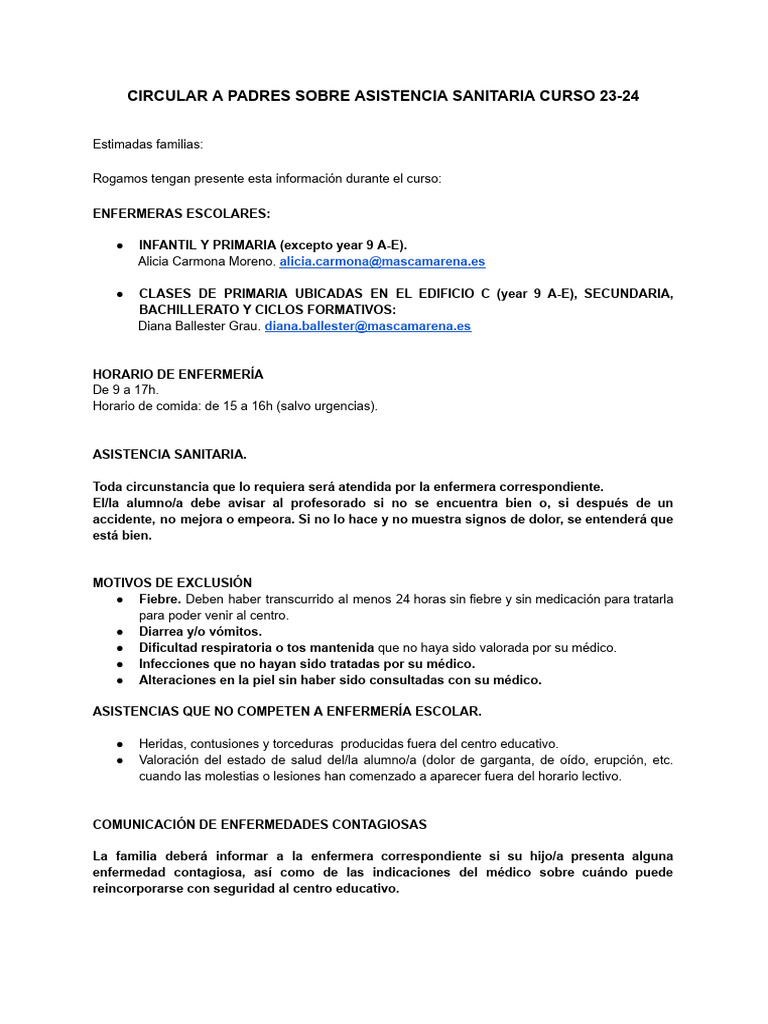 Circular A Padres Sobre Asistencia Sanitaria Curso 23-24 (2) - 1 | PDF ...