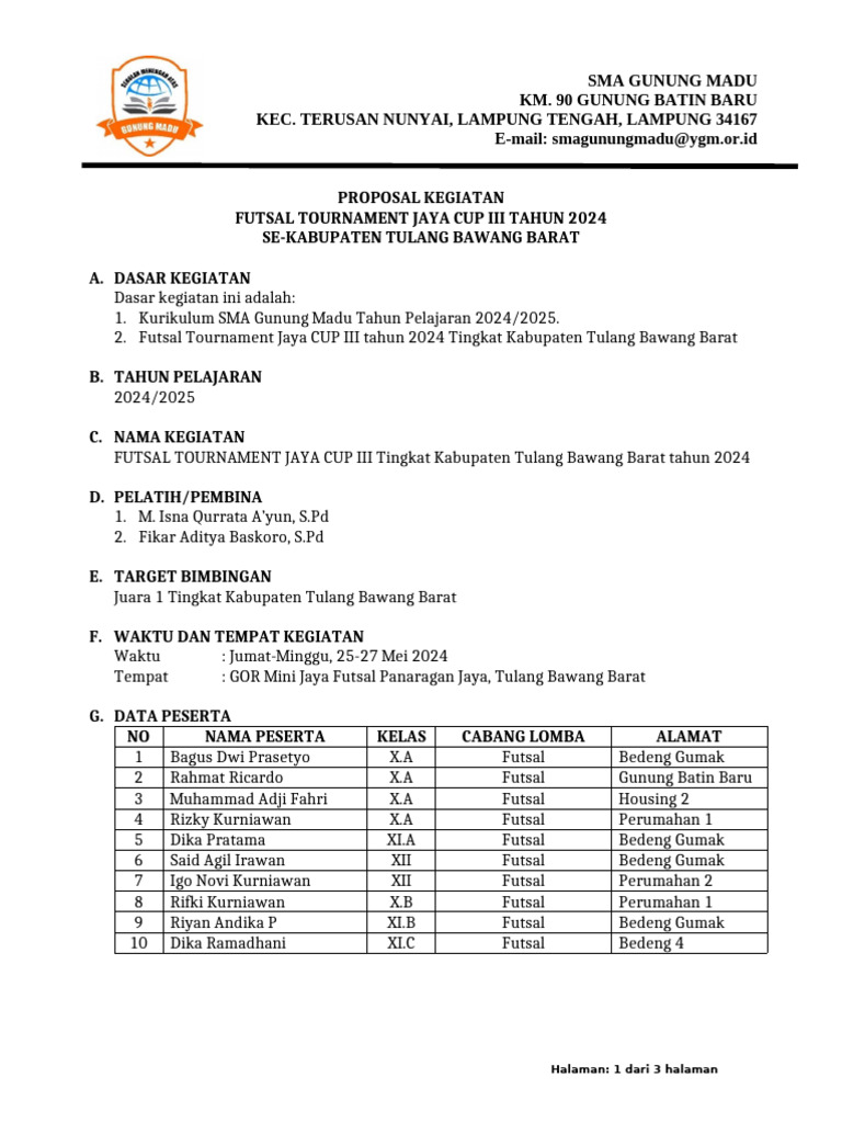 Proposal Futsal SMA GM 2024 | PDF