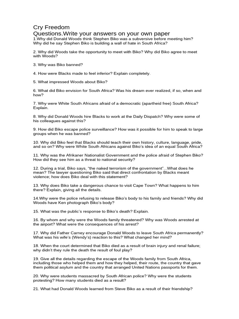 CRY FREEDOM Plot Questions | PDF
