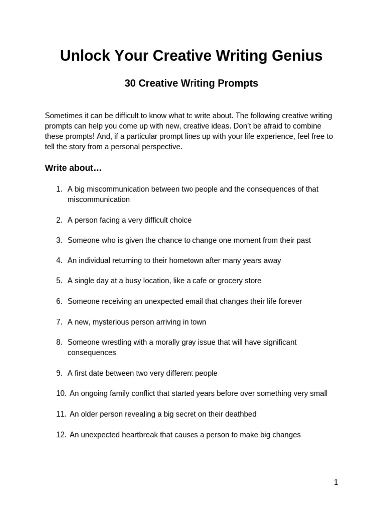 Unlock Your Creative Writing Genius - 30 Creative Writing Prompts | PDF