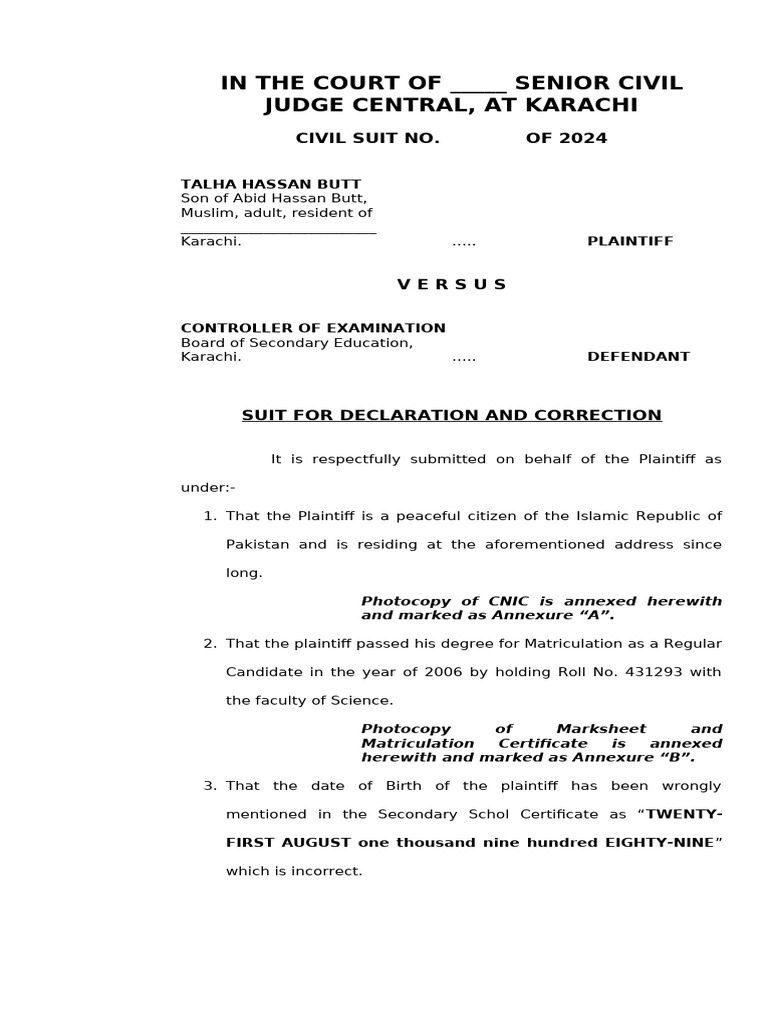 Suit For Declaration and Correction - Mehreen Mam (07.05.2024) | PDF | Affidavit | Lawsuit