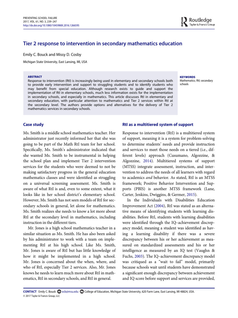 Tier 2 response to intervention in secondary mathematics education | PDF | Cognition | Learning