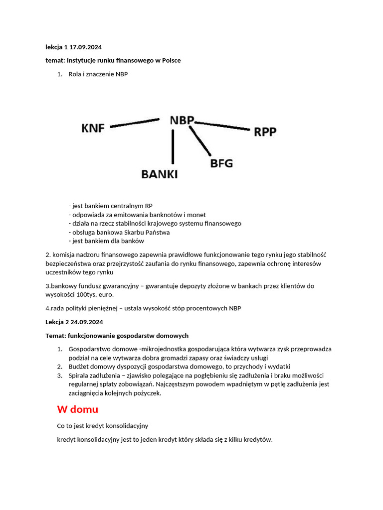 W Domu: Lekcja 1 17.09.2024 Temat: Instytucje Runku Finansowego W Polsce | PDF