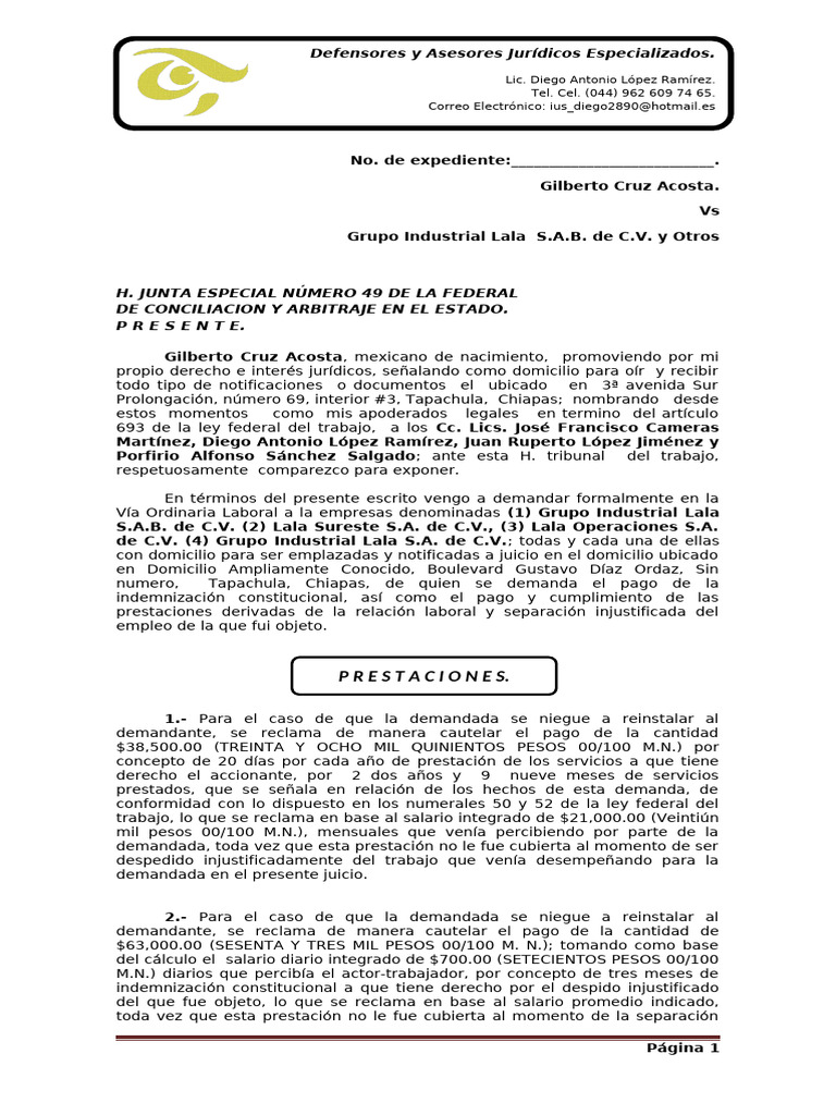 Gilberto Cruz Acosta Vs Grupo Industrial Lala SAB de CV | PDF | Caso de ...