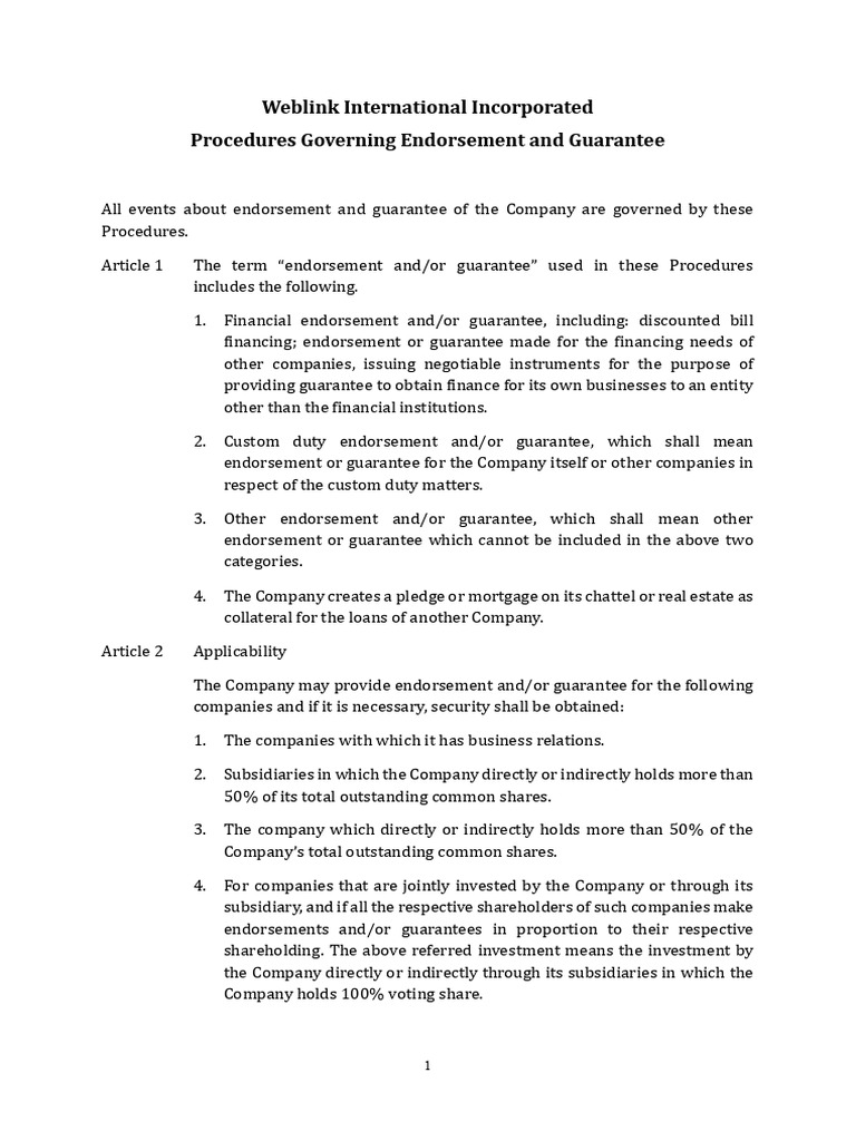 WEBLINK - Procedures Governing Endorsement and Guarantee | PDF | Board Of Directors | Credit