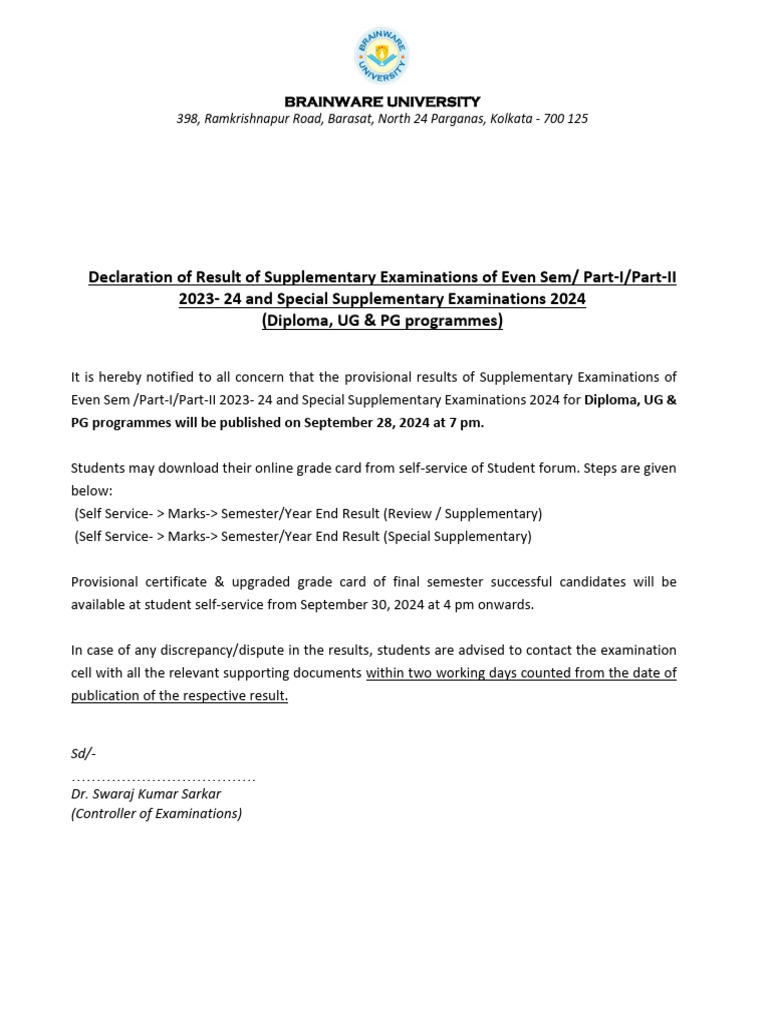 Declaration of Result of Supplementary and Special Supplmentary Exam ...