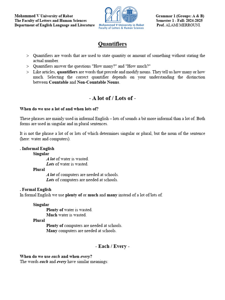 Quantifiers | PDF | Grammatical Number | Plural