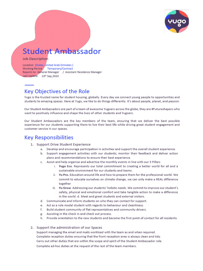 Yugo Student Ambassador JD 2024 | PDF | Marketing | Occupational Safety And Health