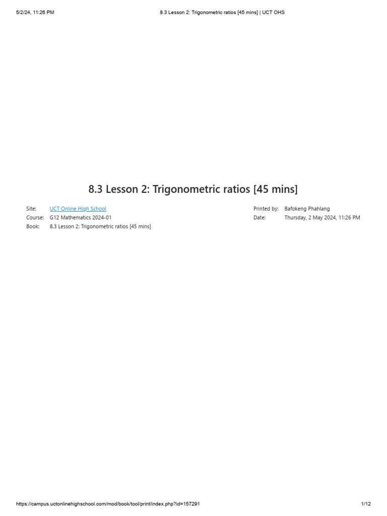 8.3 Lesson 2 - Trigonometric Ratios (45 Mins) - UCT OHS | PDF ...