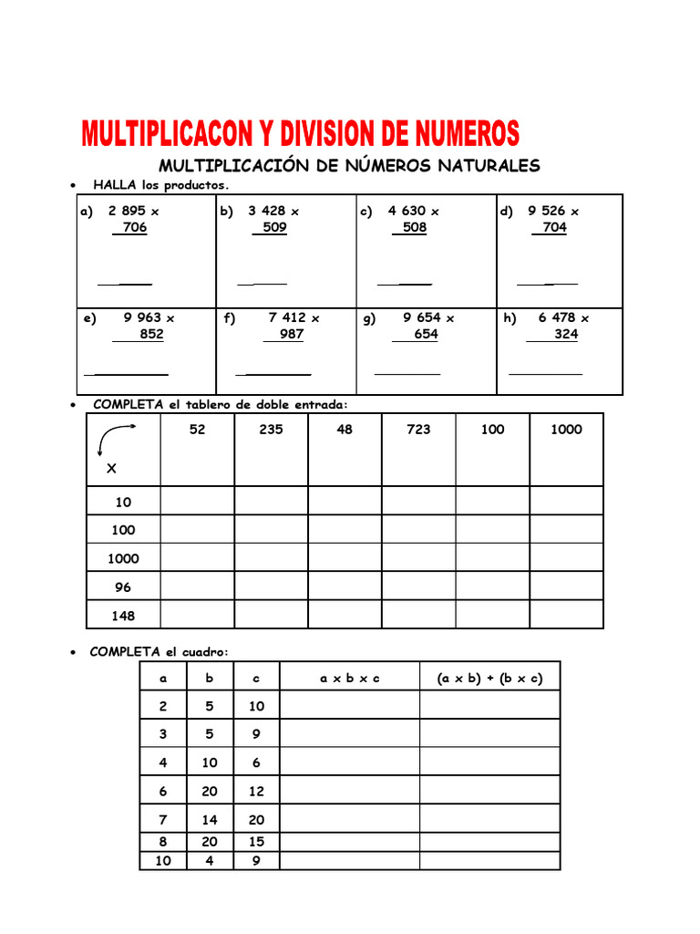 Multiplicacion y Division de Numeros para Sexto Grado de Primaria | PDF ...
