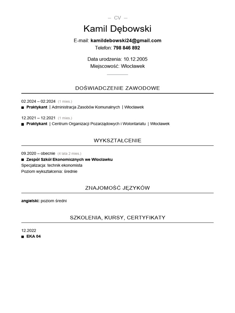 CV Kamil Dębowski | PDF