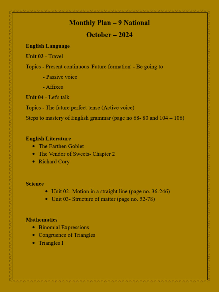 October 2024 Monthly Education Plan | PDF