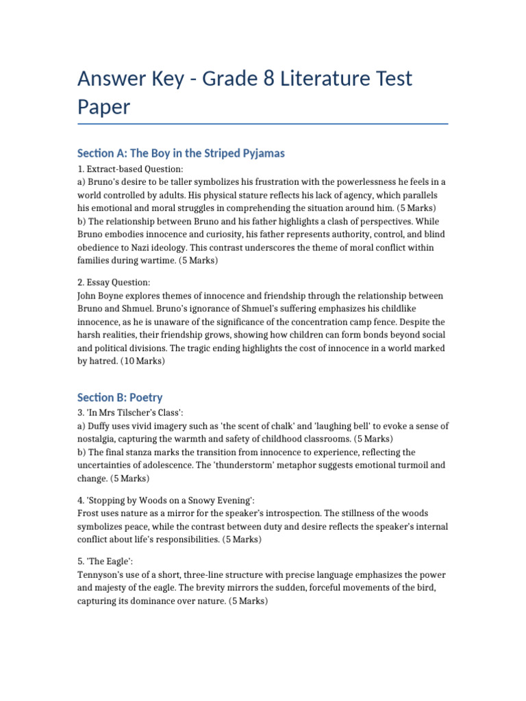 Grade 8 Literature Test Paper Answers | PDF | Poetry