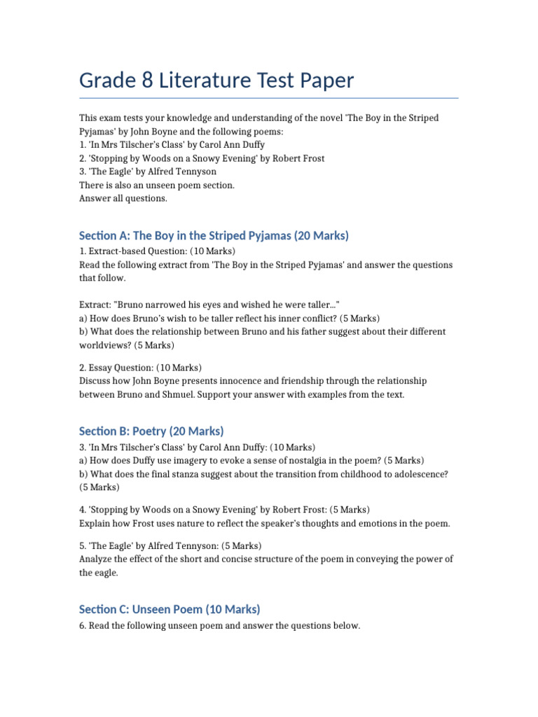 Grade 8 Literature Test Paper | PDF