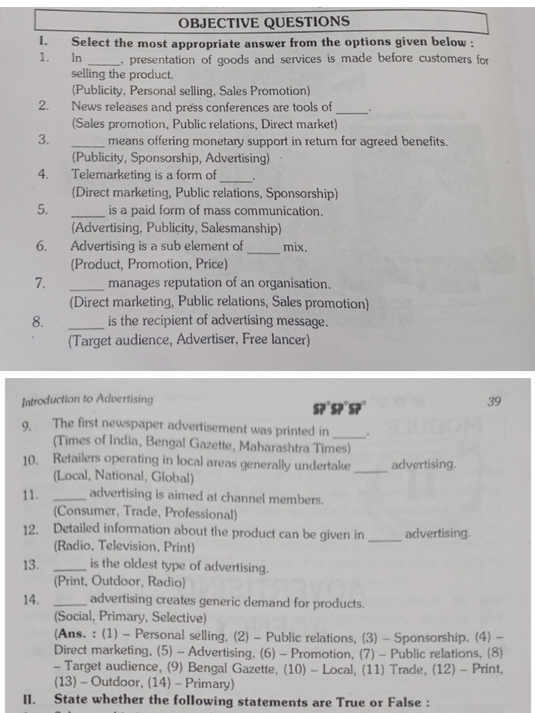 Advertising All MCQs (Seth and Manan Bookback) | PDF