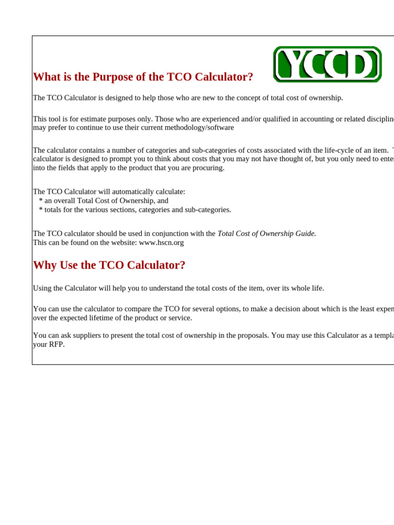 TCO Calculator | PDF | Total Cost Of Ownership TCO Calculator | PDF | Total Cost Of Ownership