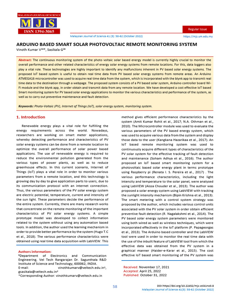 Arduino Based Smart Solar Photovoltaic Remote Monitoring System | PDF | Photovoltaics | Internet ...