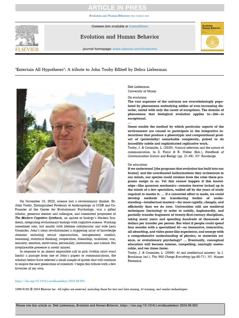 A Tribute To John Tooby - Edited by D. Lieberman | PDF | Psychology ...