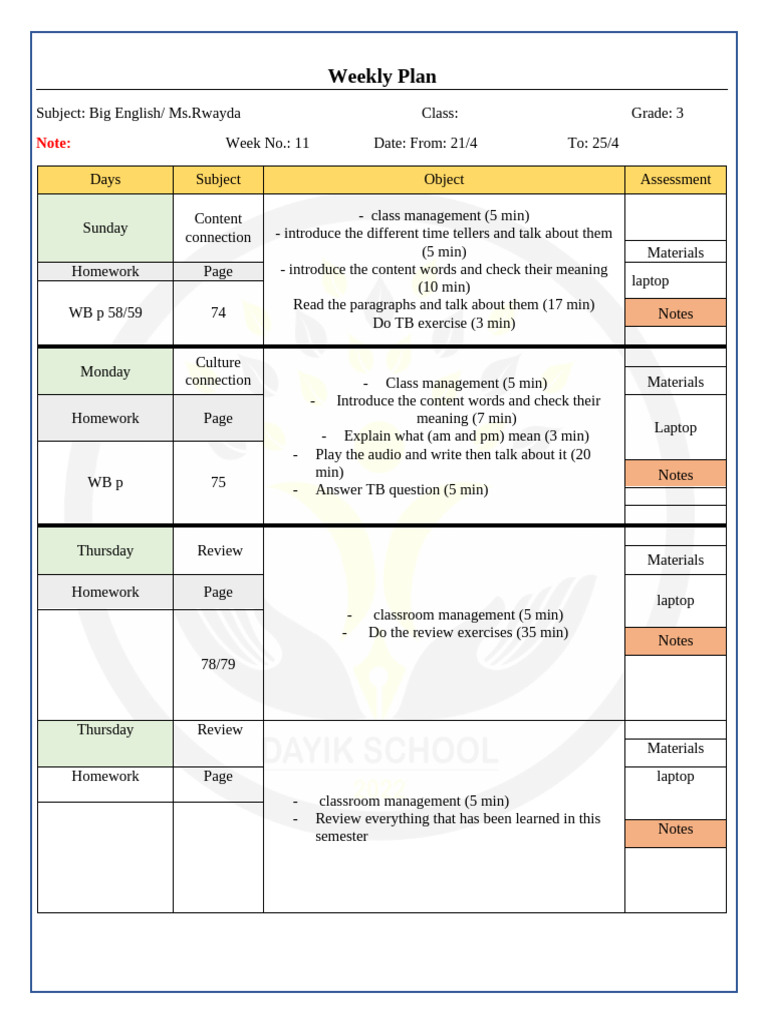 Weekly Plan 2S G3 Templete | PDF | Pedagogy | Teaching