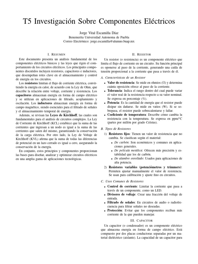 Componentes Eléctricos Esenciales | PDF | Resistor | Red eléctrica