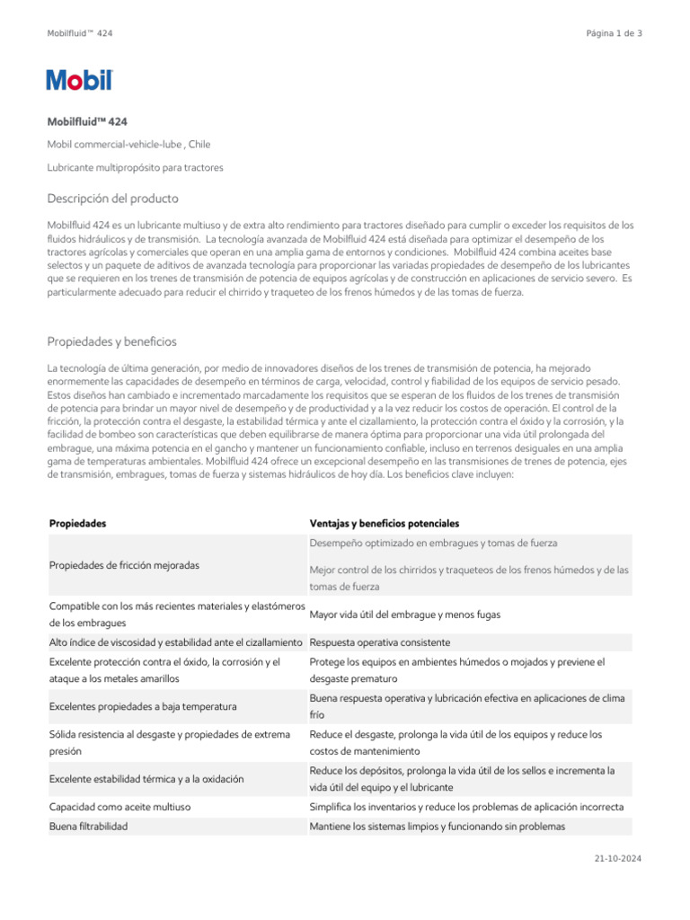 FICHA TECNICA Mobilfluid™ 424 | PDF | Lubricante | Embrague