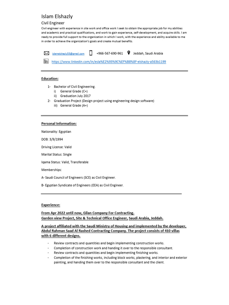 Islam Elshazly-Civil Engineer - 7 Years Exp - CV | PDF | Egypt