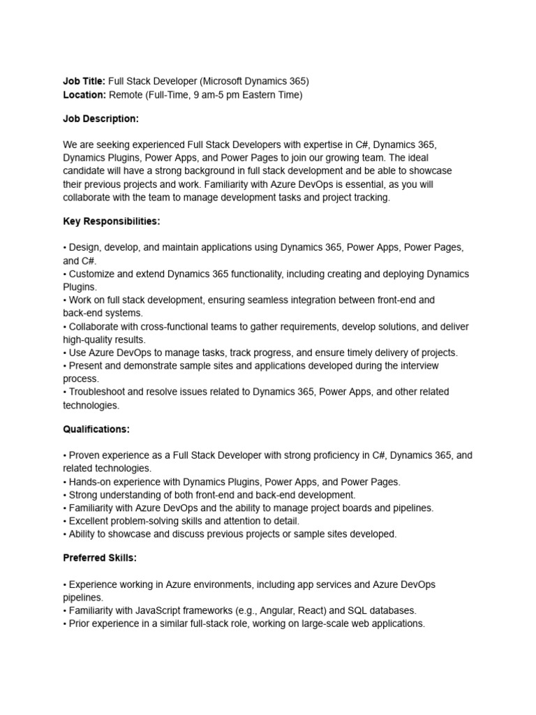 JD-Full Stack Developer (Microsoft Dynamics 365) | PDF