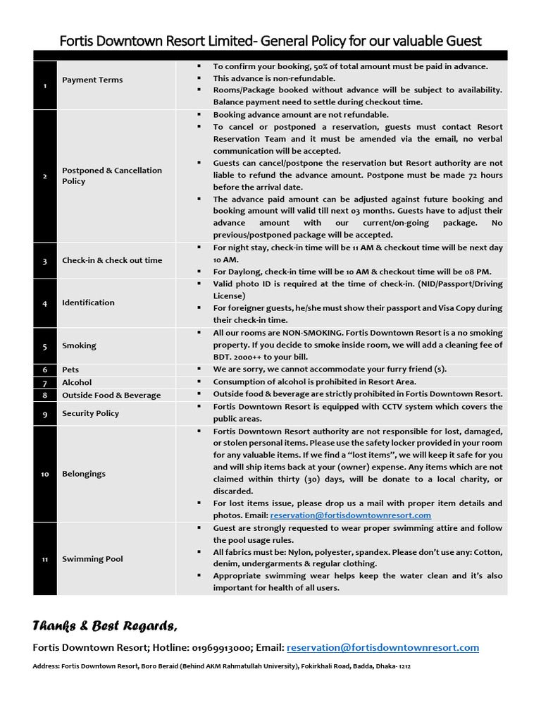 Fortis Downtown Resort - General Policy (Reservation) | PDF