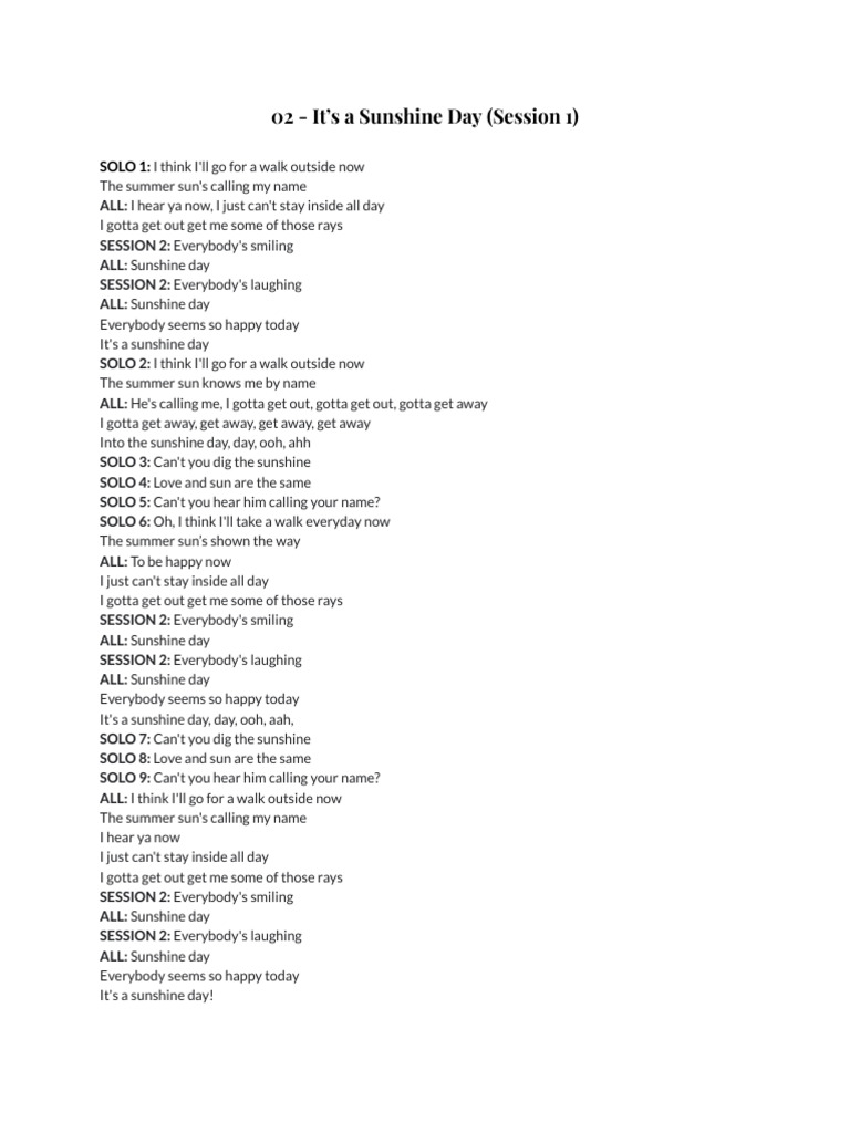 It's A Sunshine Day (S1) - Camp Lyrics | PDF
