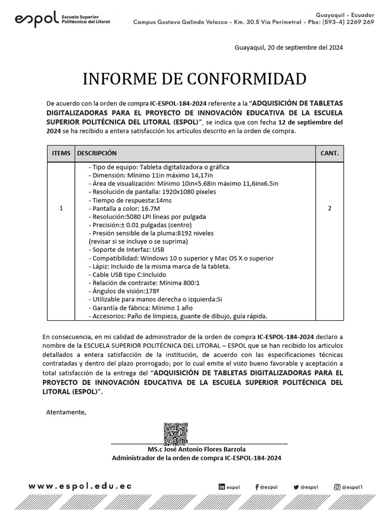 Informe de Conformidad Orden de Compra Ic-espol-184-2024-Signed | PDF | Tableta | Hardware de la ...