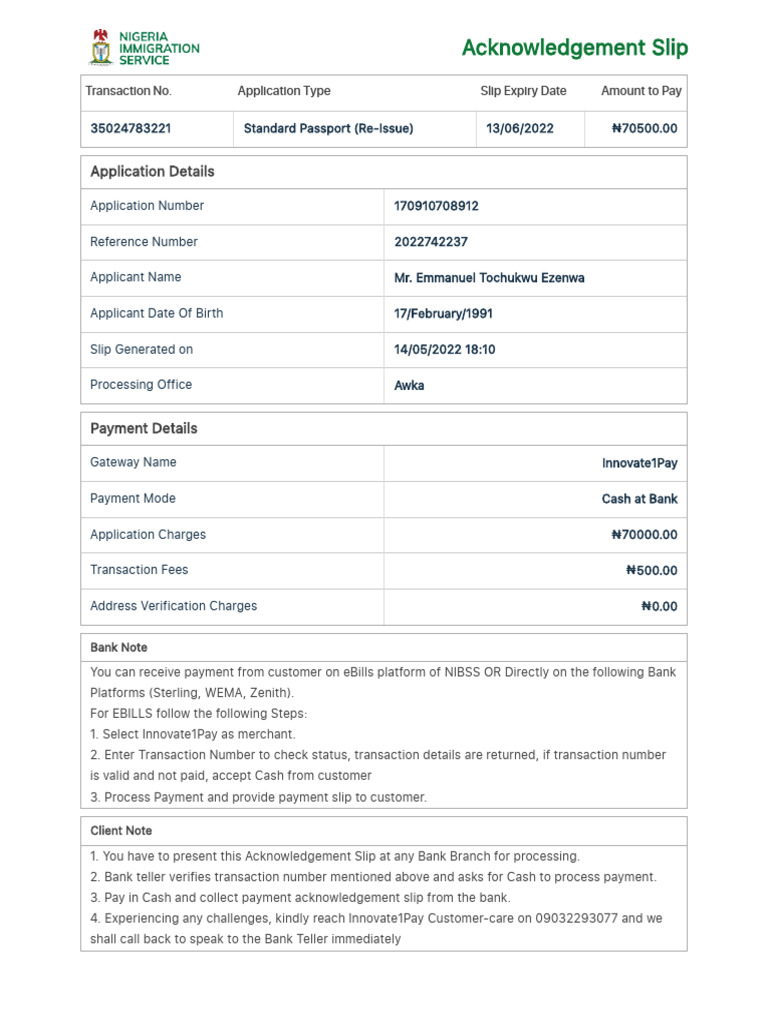 Acknowledgement Slip Nigerian Immigration Services - Passport | PDF ...
