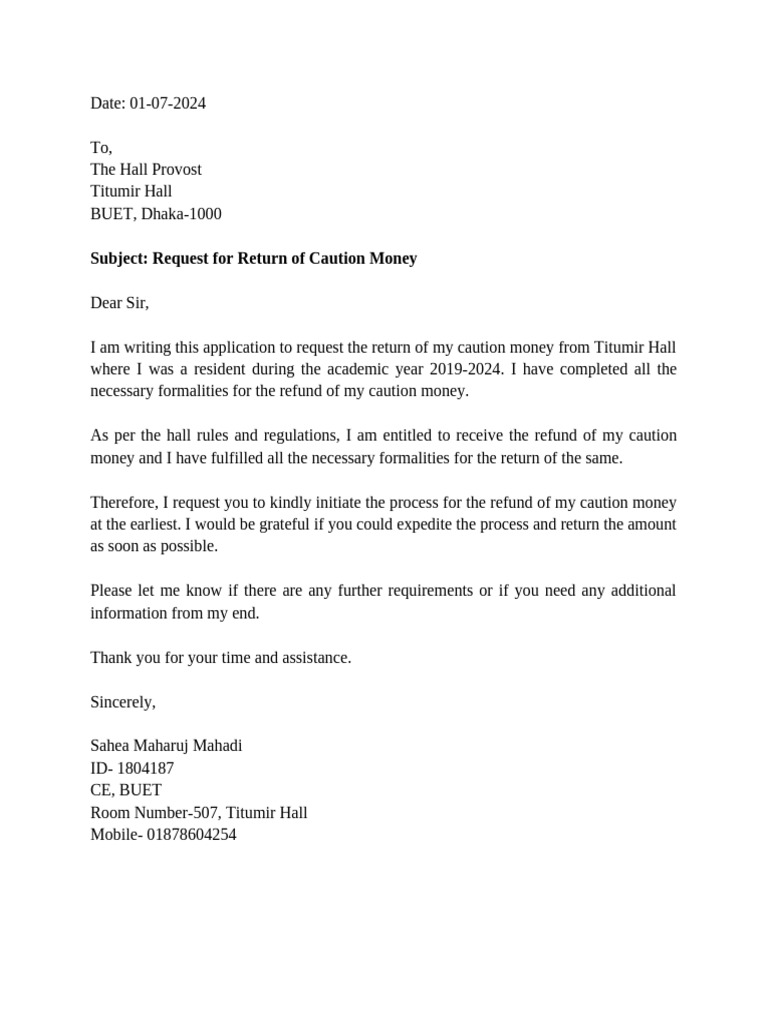 Caution Money Refund Request Letter | PDF