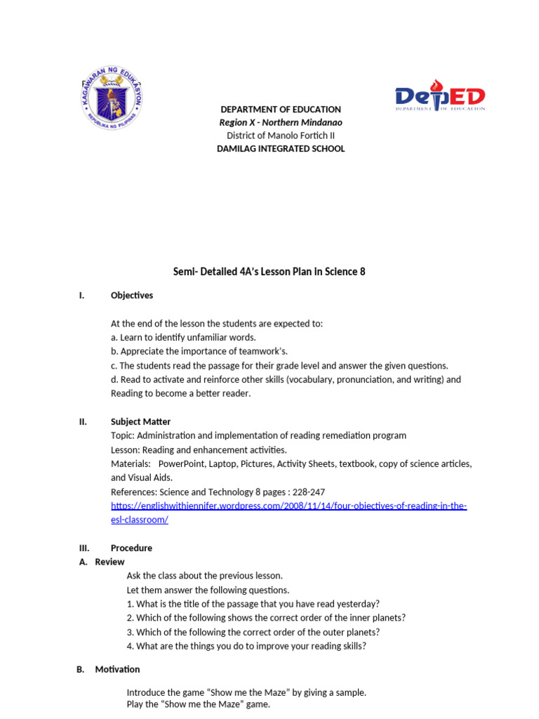 4A's Semi- Detailed Lesson Plan in Science 8 | PDF | Lesson Plan ...