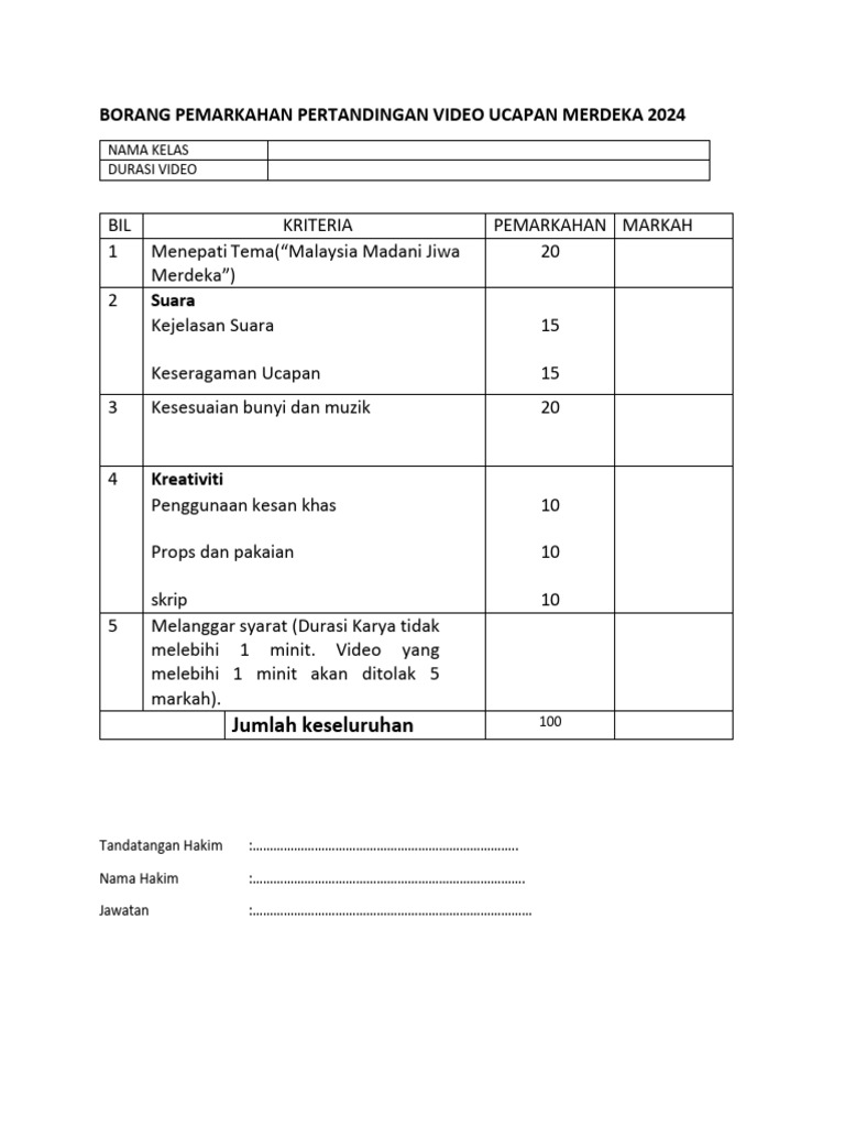 Borang Pemarkahan Video Ucapan Merdeka | PDF