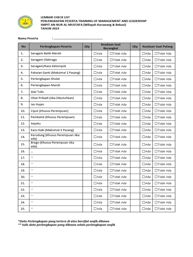 Checklist Perlengkapan Training 2024 | PDF
