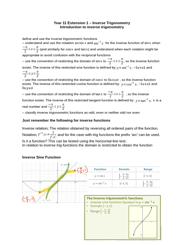 Year 11 Ext 1 Inverse Trig Functions - Intro | PDF | Teaching Methods ...