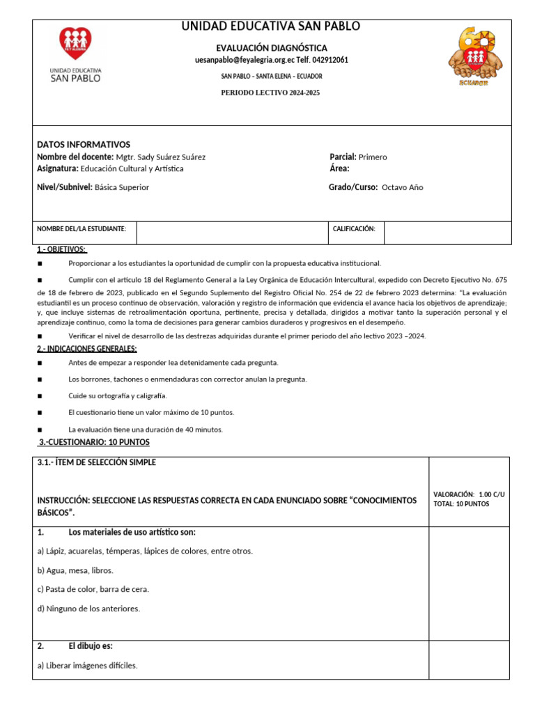 PRUEBA DE DIAGNÓSTICO ECA - 9no Año | PDF | Lápiz | Pinturas