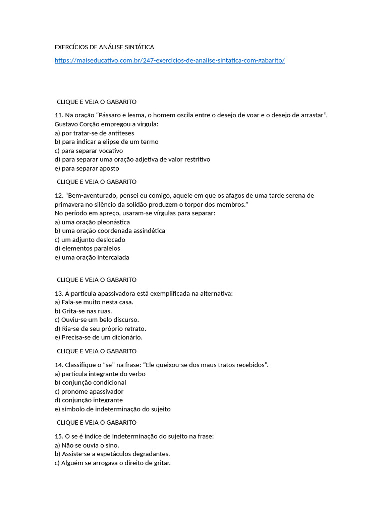 Exercícios de Análise Sintática | PDF | Assunto (gramática) | Pronome