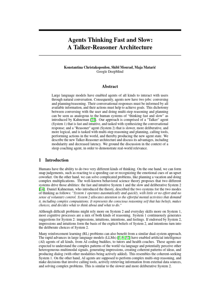 Agents Thinking Fast and Slow: A Talker-Reasoner Architecture | PDF ...