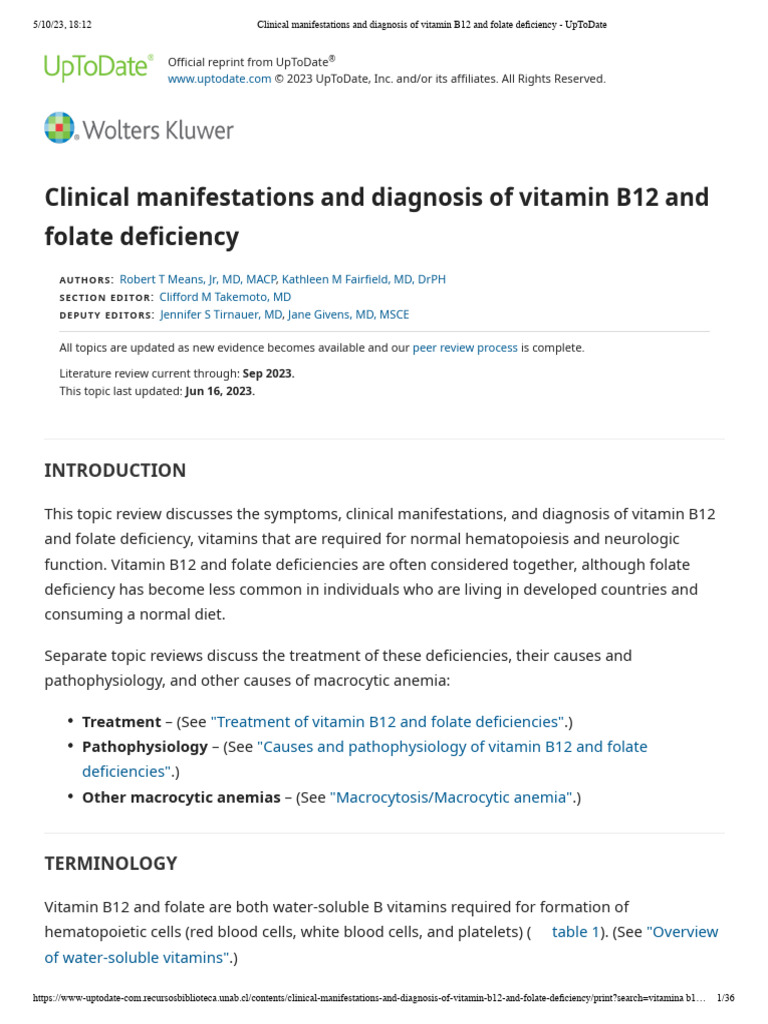 Clinical Manifestations and Diagnosis of Vitamin B12 and Folate ...