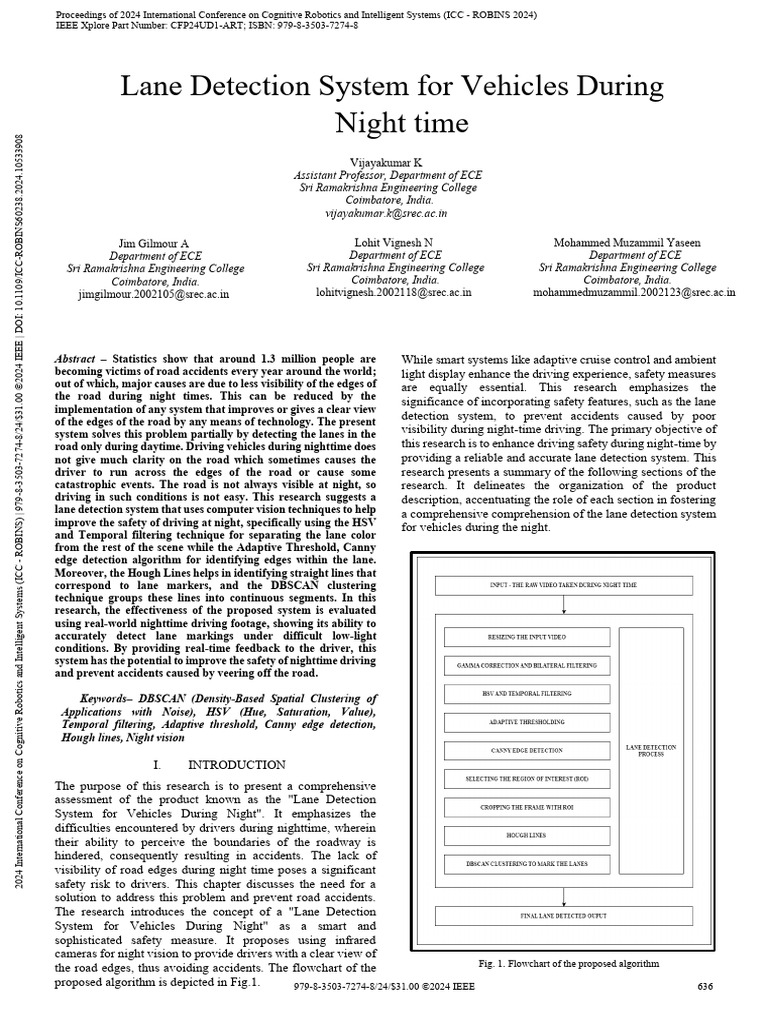 Lane Detection System For Vehicles During Night Time | PDF | Cluster ...