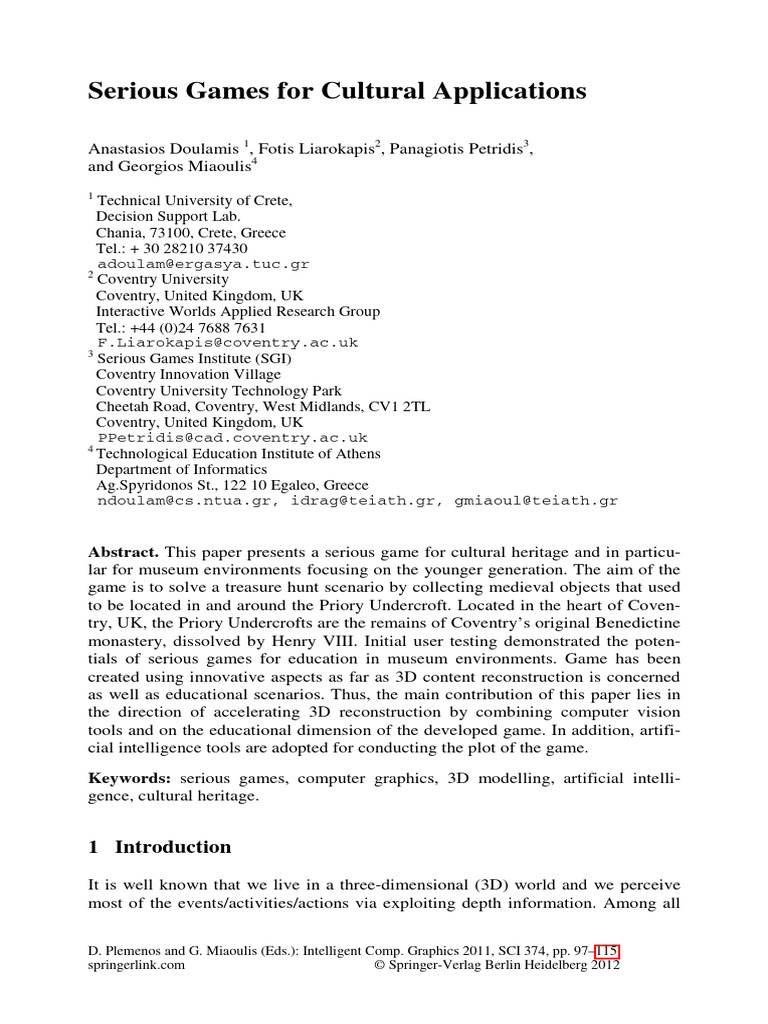 Serious Games for Cultural Heritage Education | PDF | 2 D Computer ...