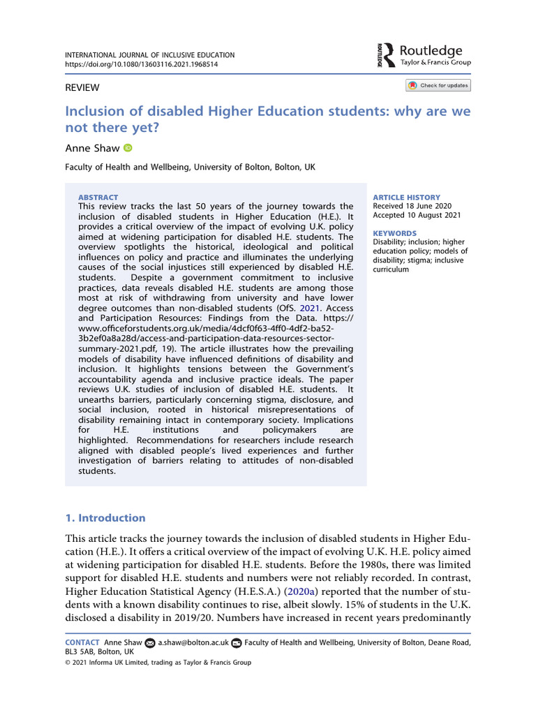 Inclusion of Disabled Higher Education Students: Why Are We Not There ...
