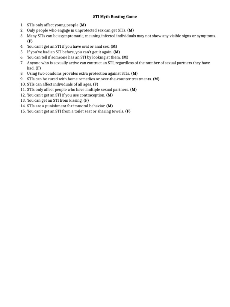 STI Myth Busting Game | PDF | Sexually Transmitted Infection | Safe Sex