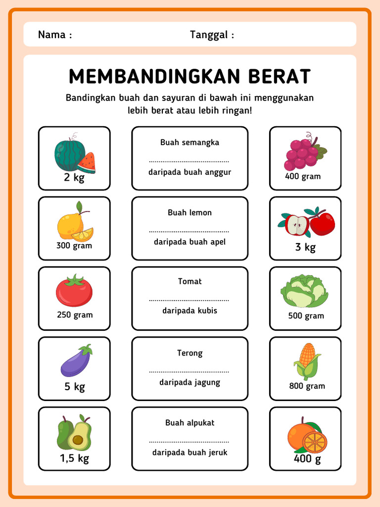 Oranye Ilustrasi Membandingkan Berat Lembar Kerja Sekolah - 20241002 ...
